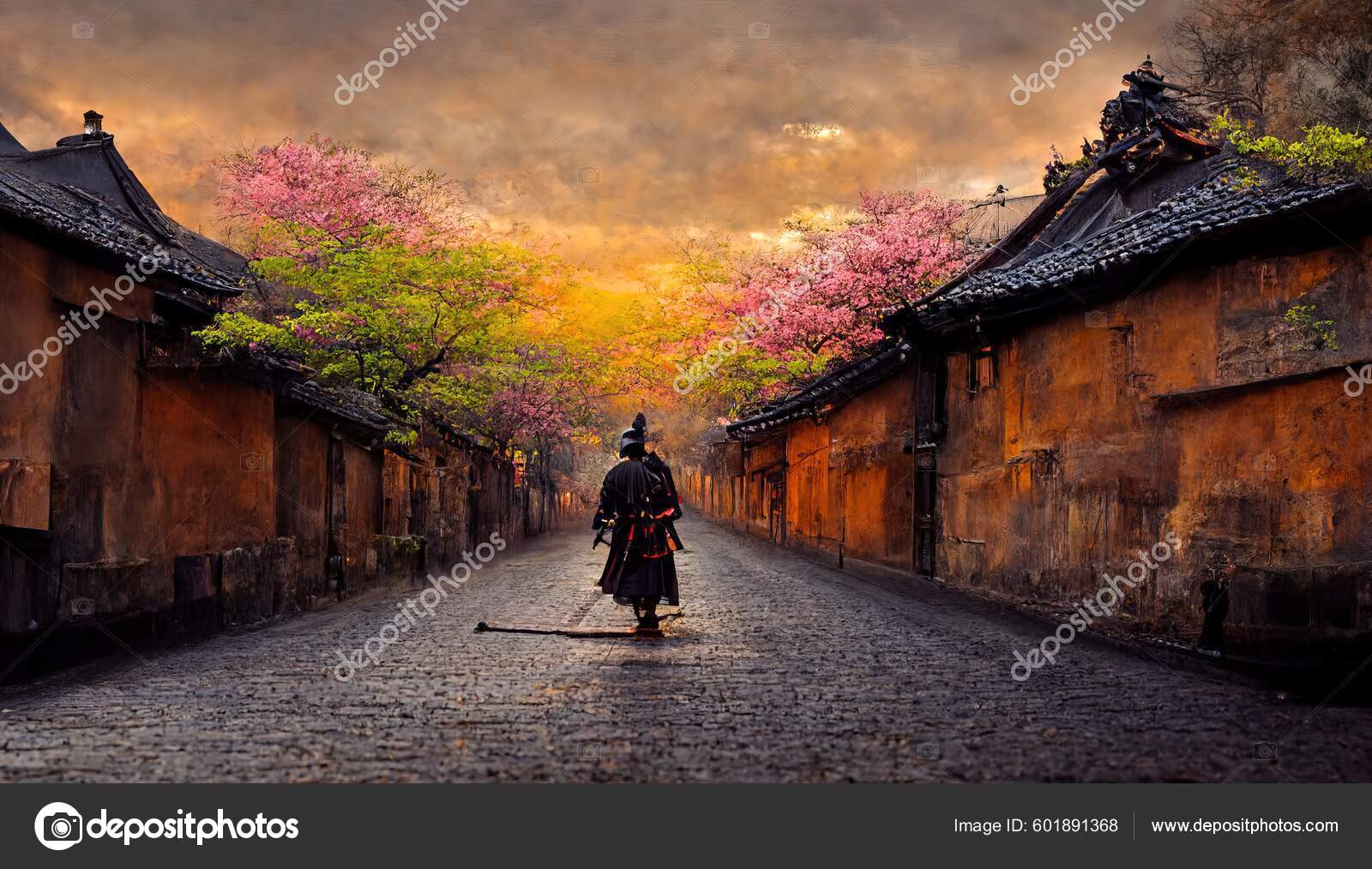 Illustration Samurai Warrior Walking Road Japanese Village Cloud ...