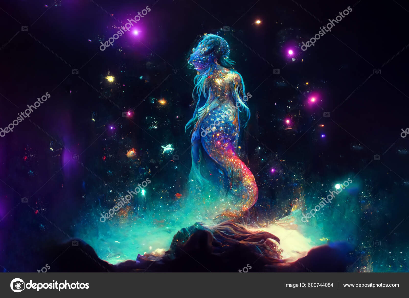 Glowing Neon Lights Night Sky Space Mermaid Stock Photo by ...