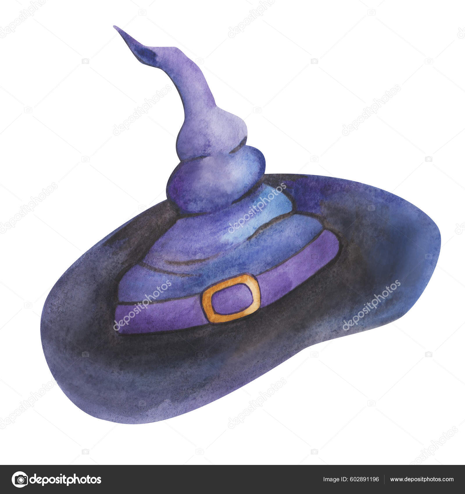 Watercolor Illustration Hand Painted Witch Wizard Long Hat Black Purple ...