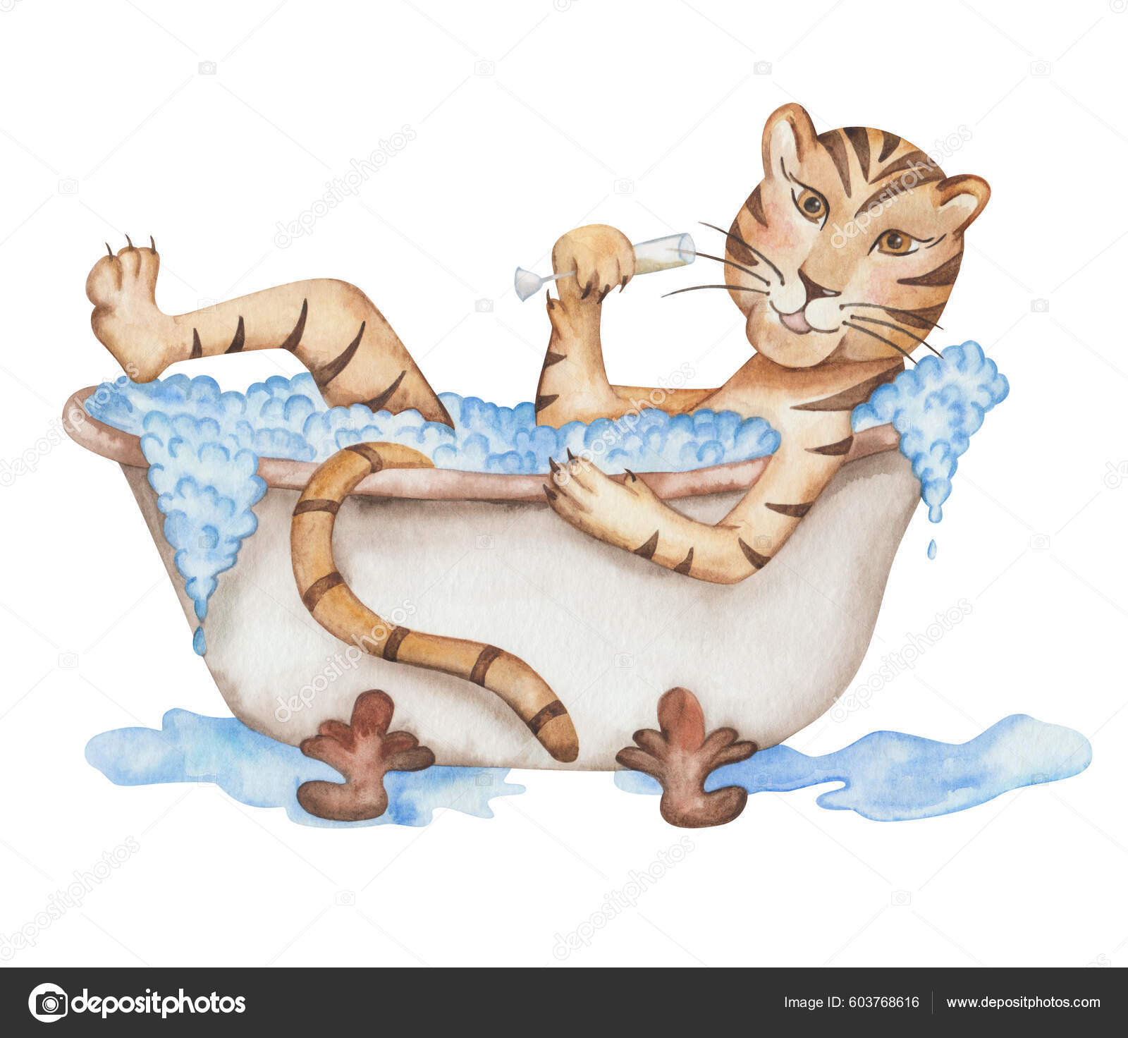 Watercolor Illustration Hand Painted Tiger Taking Bath Blue Water Foam ...