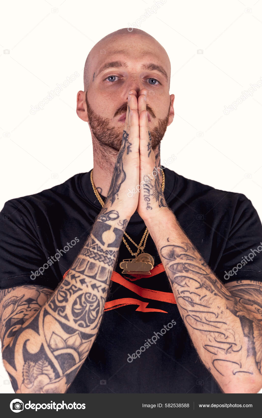Tattooed Rap Singer Posing Studio Wearing Black Clothes White ...