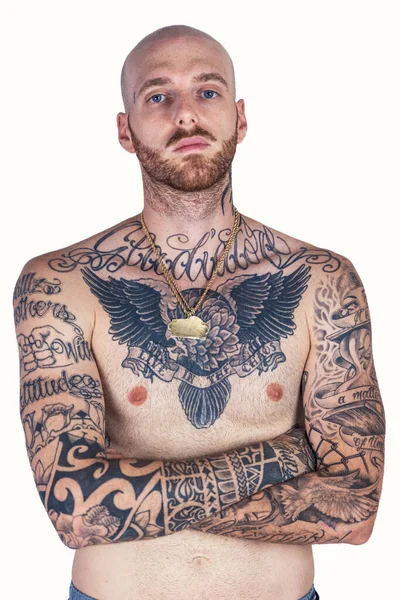 Tattooed Rap Singer Posing Studio Wearing Black Clothes White ...