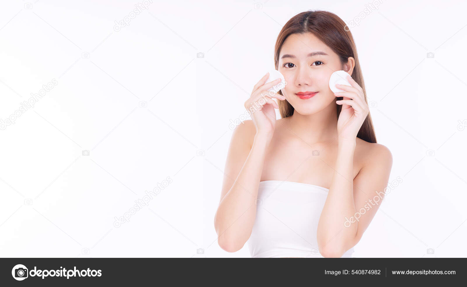 Asian Woman Using Cotton Pad Cleansing Makeup Face Sitting Isolated ...