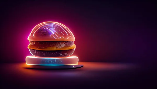 cyberpunk food, futuristic hamburger, neon light on isolated dark ...