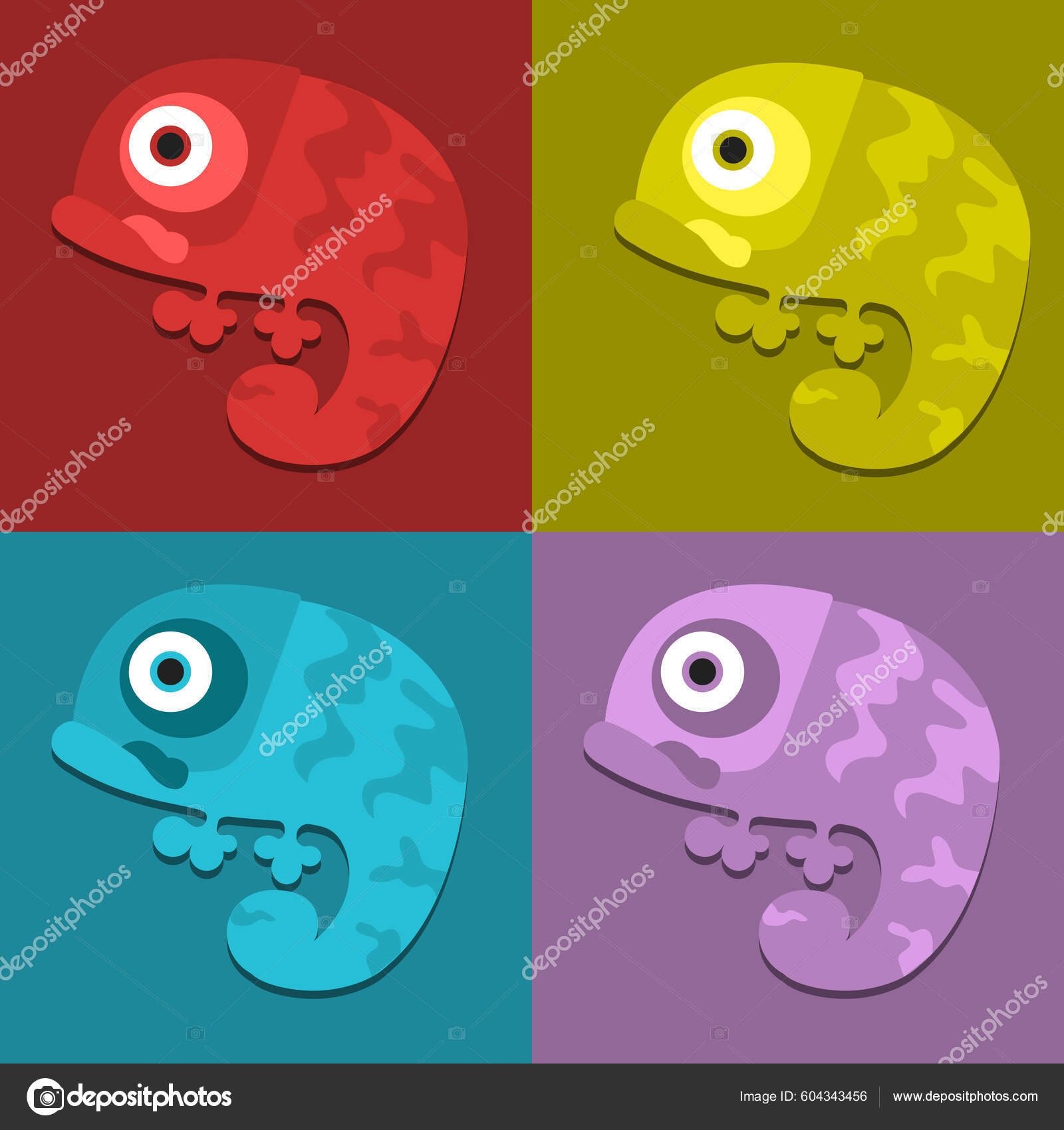 Cartoon Chameleons Vector Lizards Colorful Skin Long Curvy Tail Tongue ...