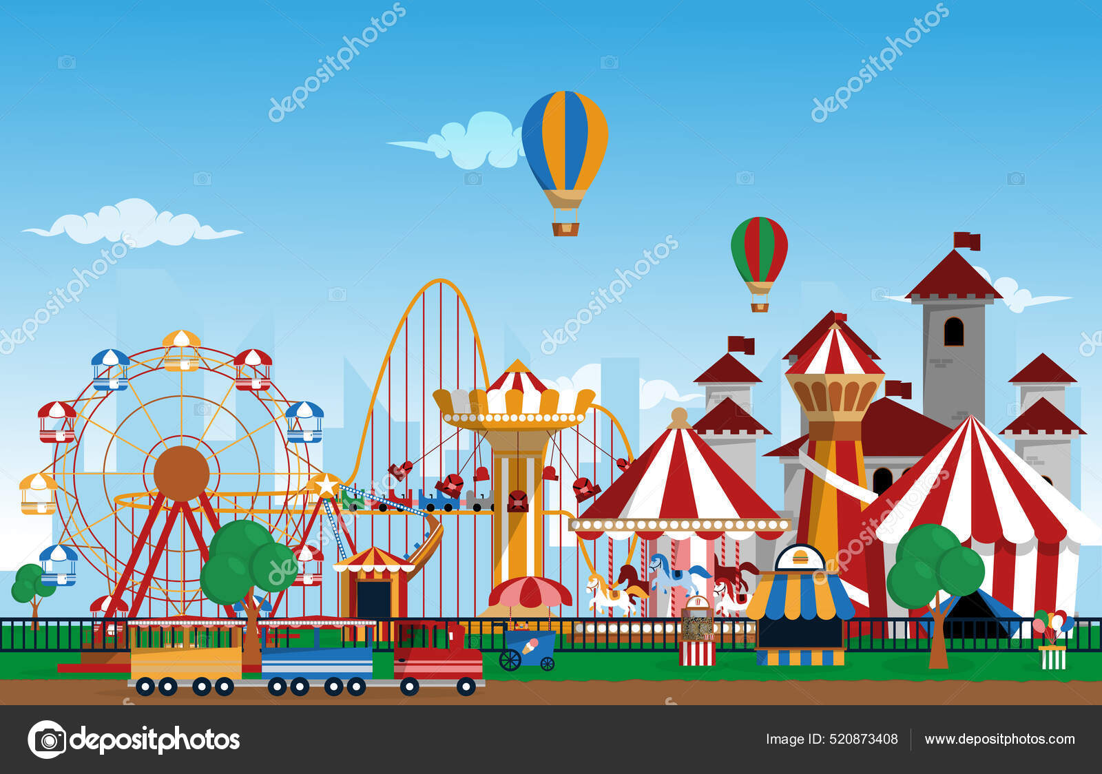 Amusement Park Rides Fun Fair Carnival Flat Vector Illustration Stock ...