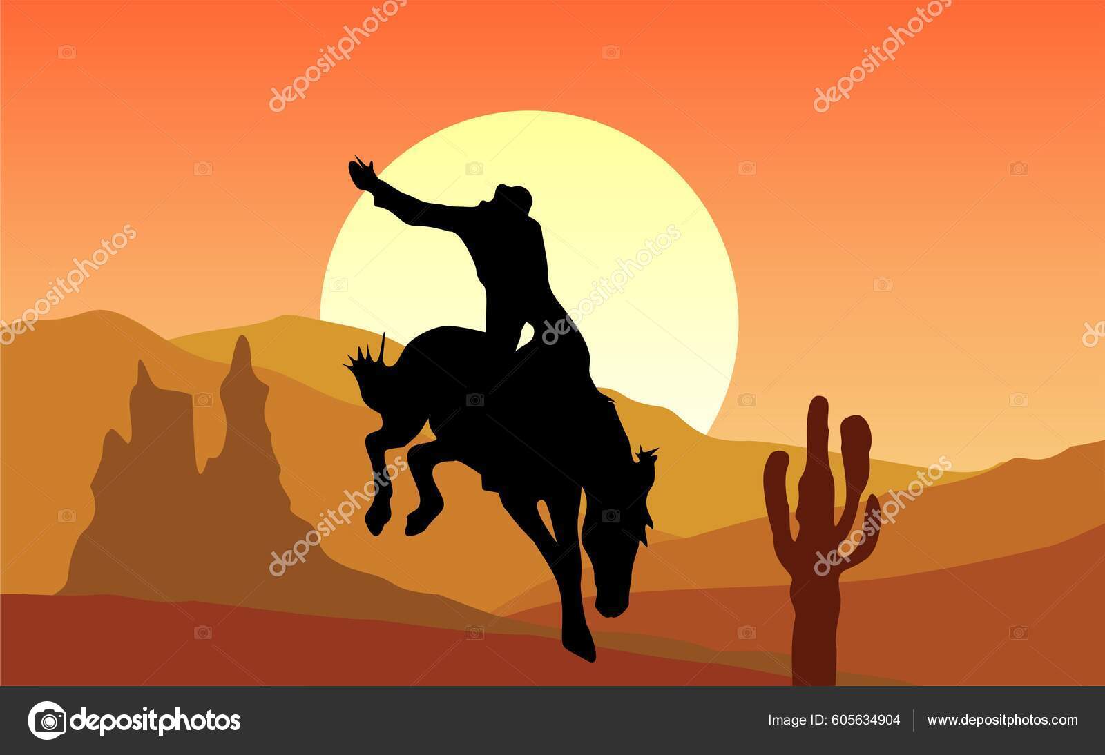 Cowboy Wild Horse Desert Sunset Landscape Scene Background Vector ...