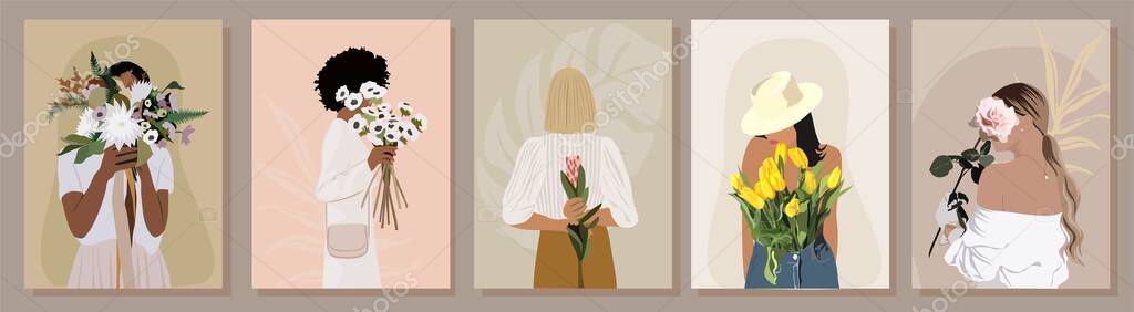 Conjunto de diferentes retratos abstractos de mujeres. Hermosas chicas ...