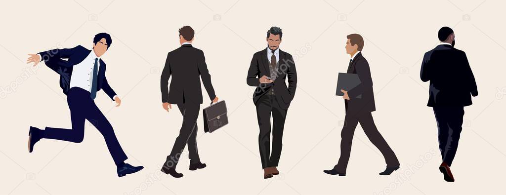 Hombres de negocios en diferentes poses, caminando, corriendo y de pie ...