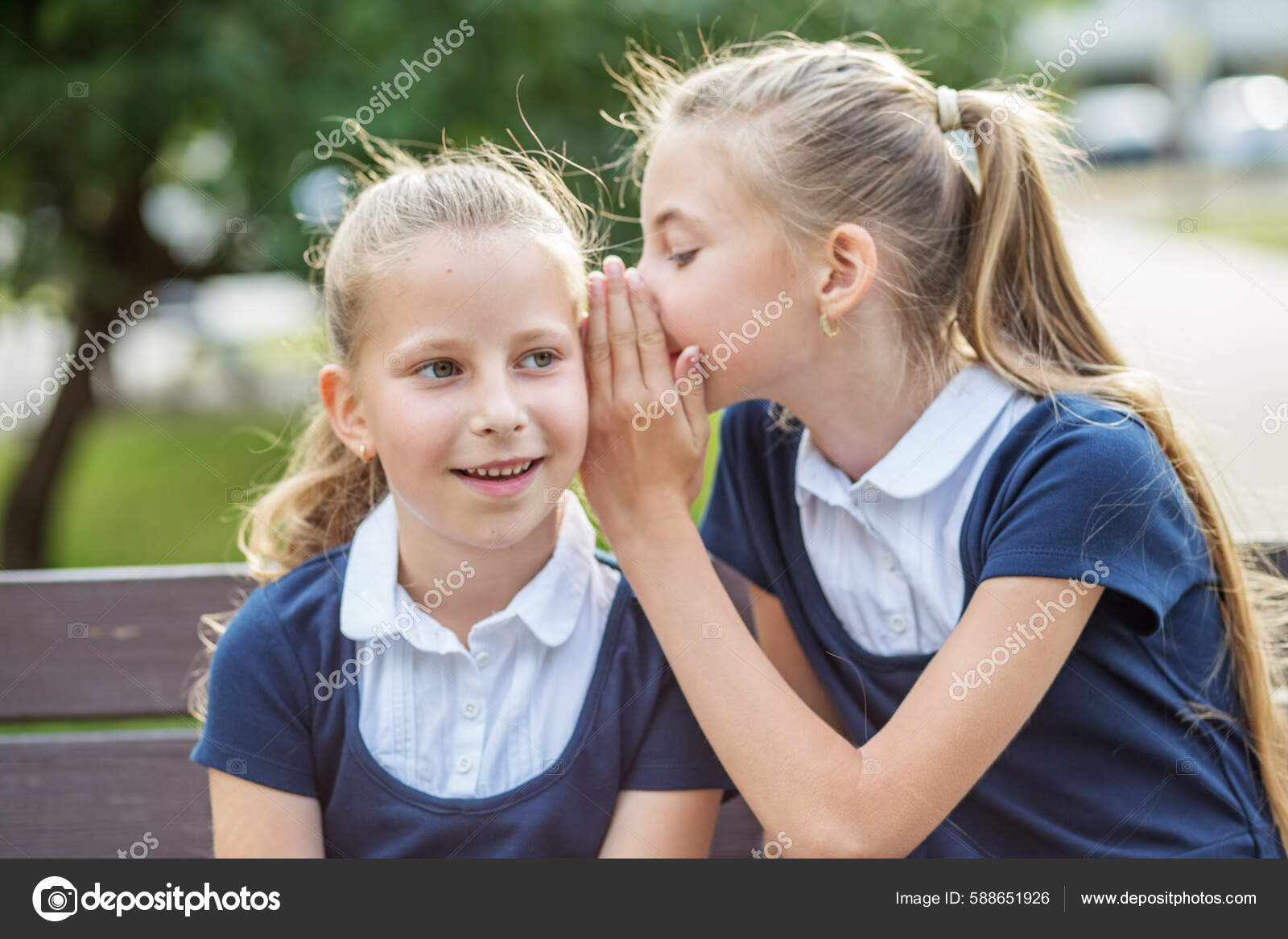 Two Children Schoolchildren Tell Secrets Bench Concept Back School ...