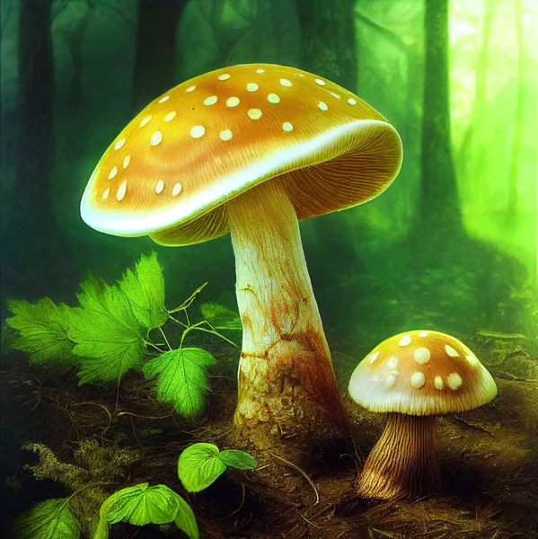 Mushroom in mystic forest illustrated - Stock Image - Everypixel