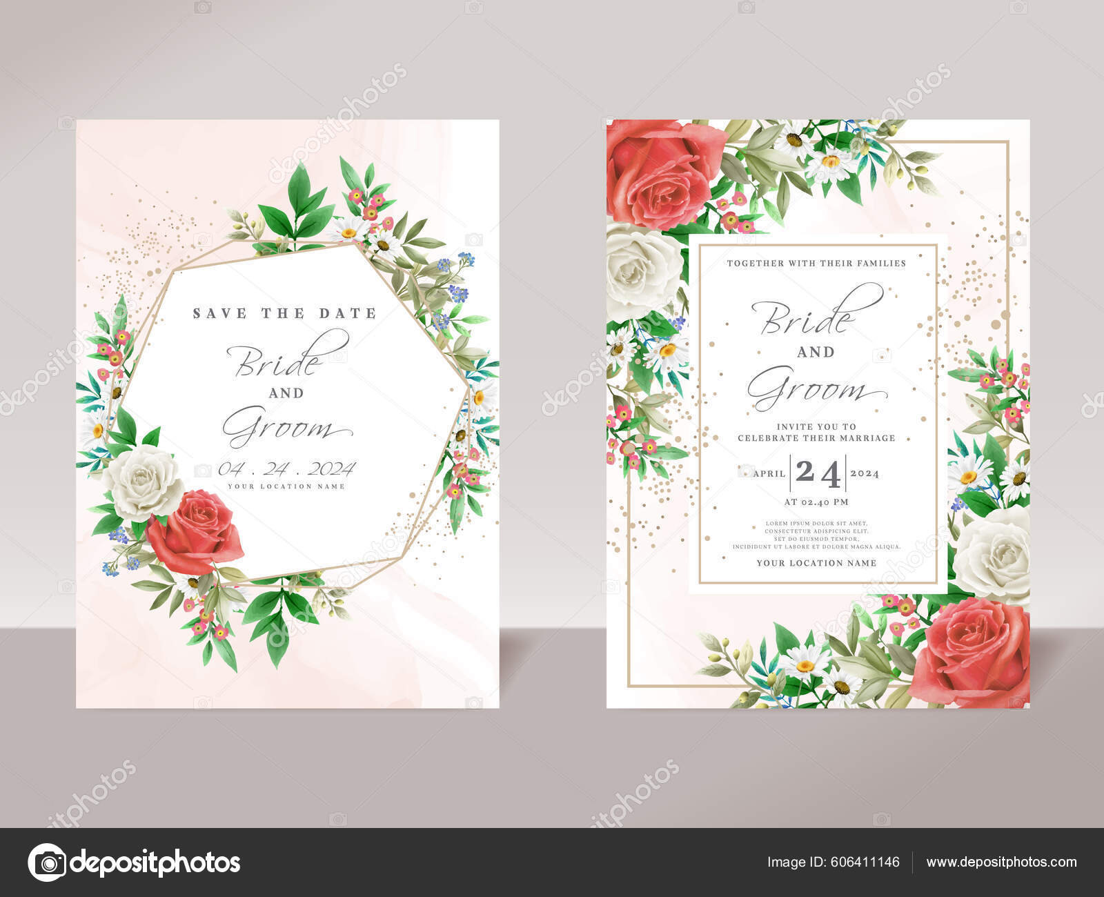 Floral Wedding Invitation Template Set Elegant White Red Roses Design ...