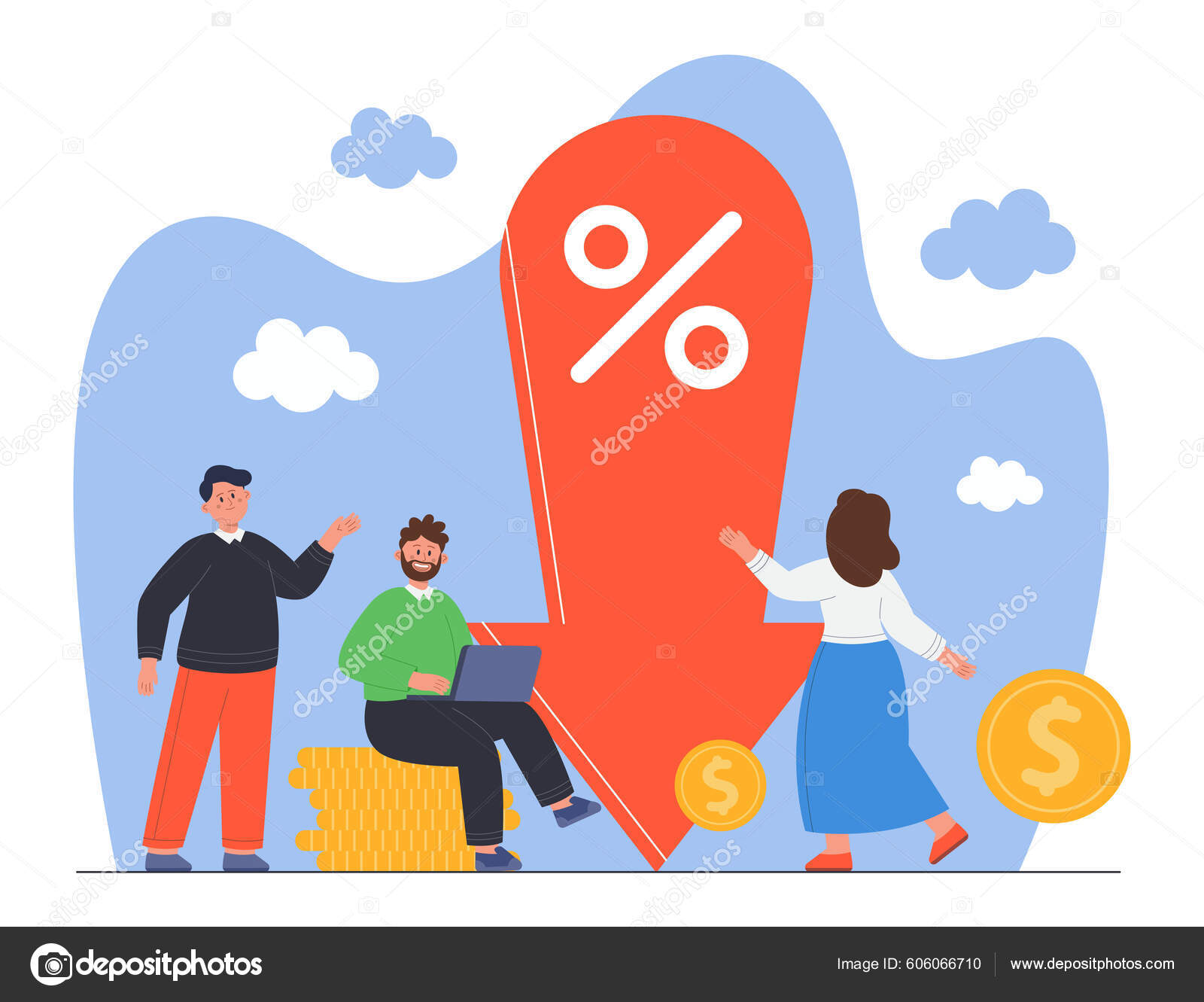 Tiny Male Female Characters Standing Arrow Showing Percentage Decrease Financial Stock ...