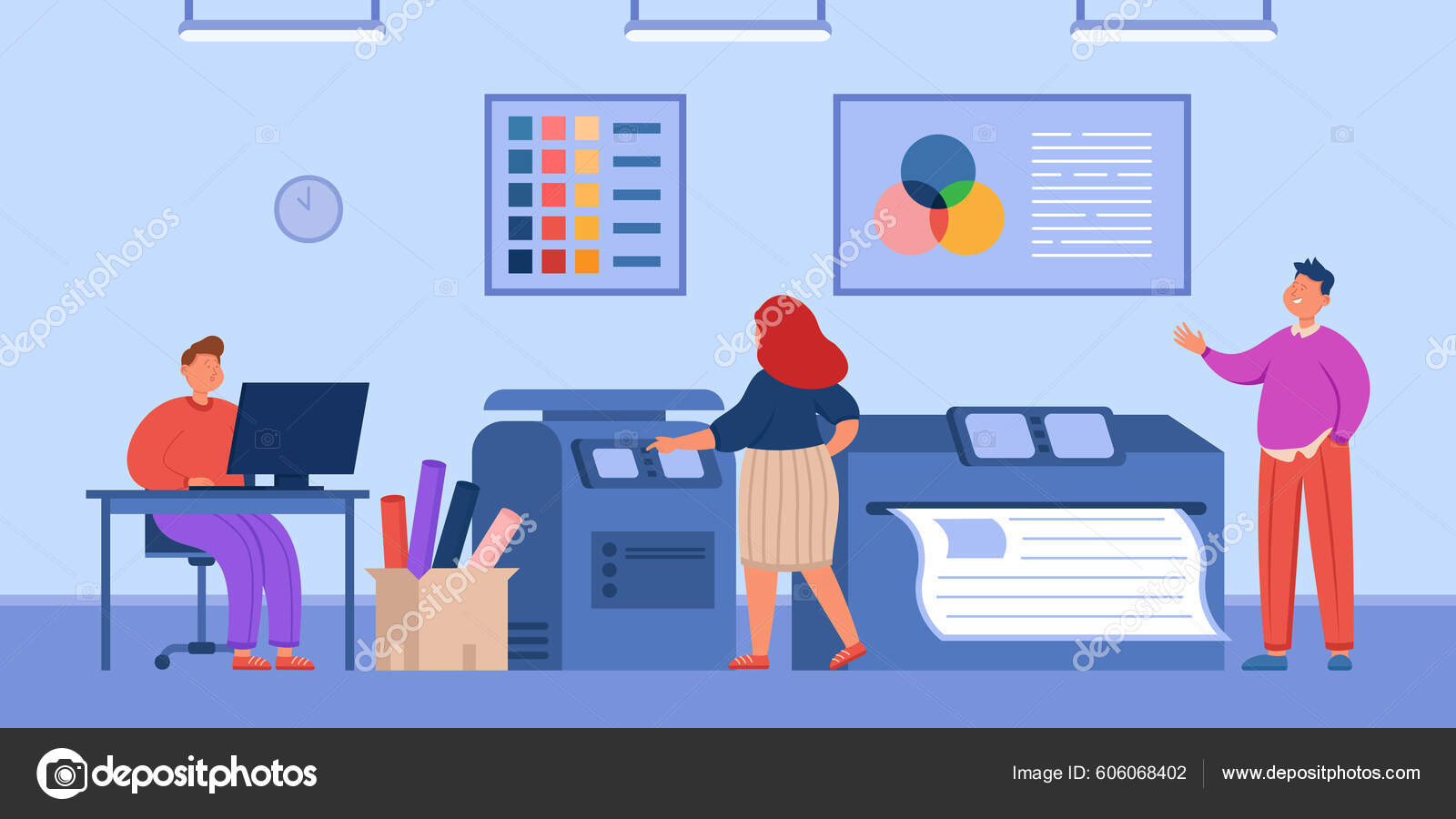 Cartoon Humans Working Printing House Company Offset Printing Service ...