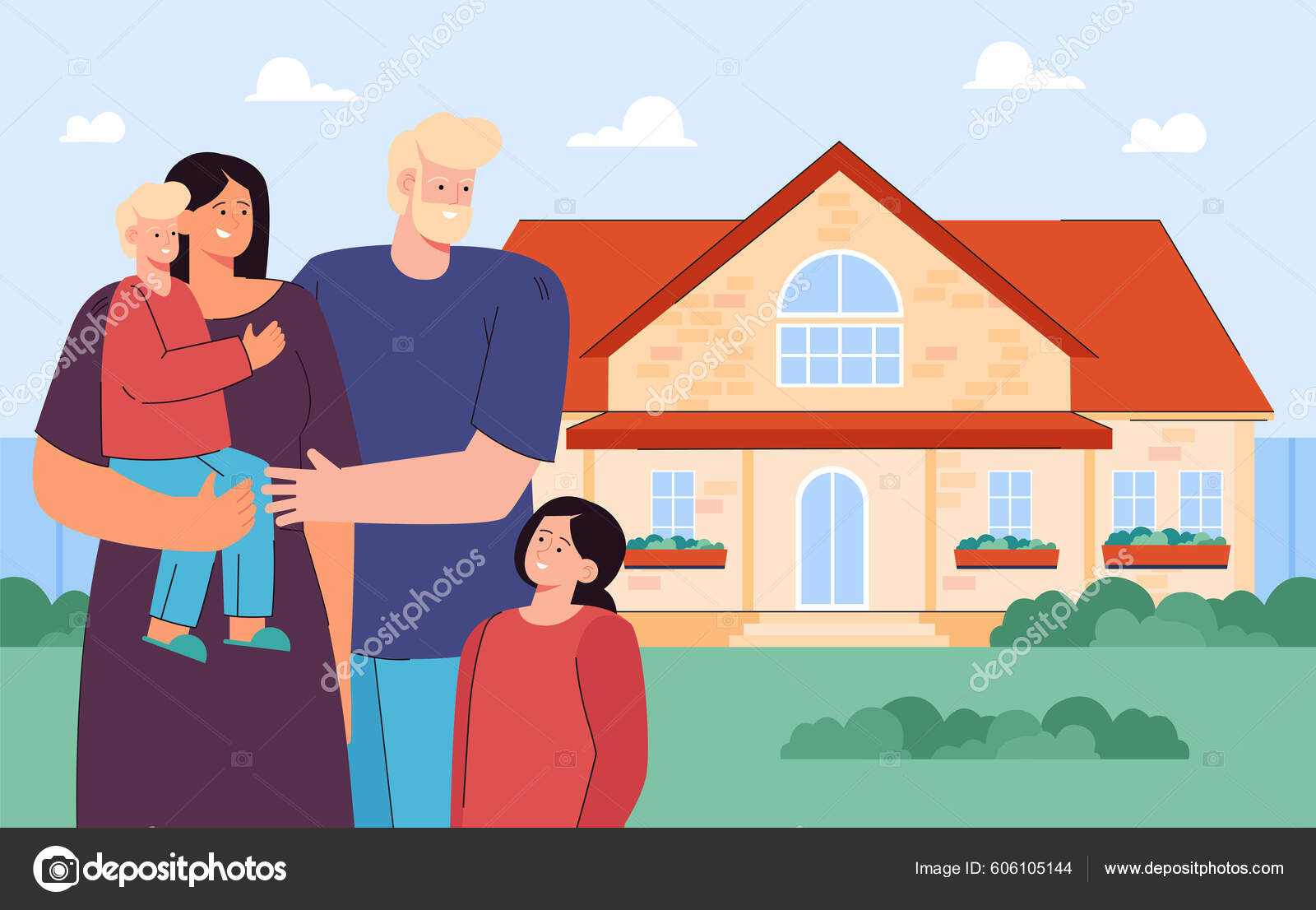 Cartoon Mother Father Children Front House Picture Happy Home People ...