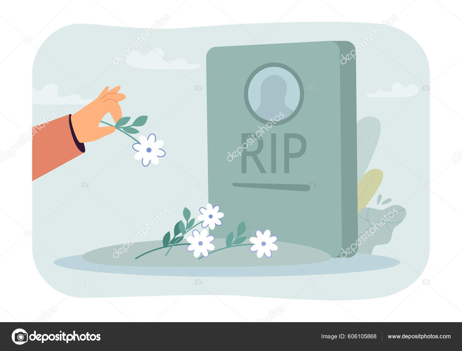 Mano Poniendo Flores Lápida Ilustración Vectorial Plana Persona Luto ...