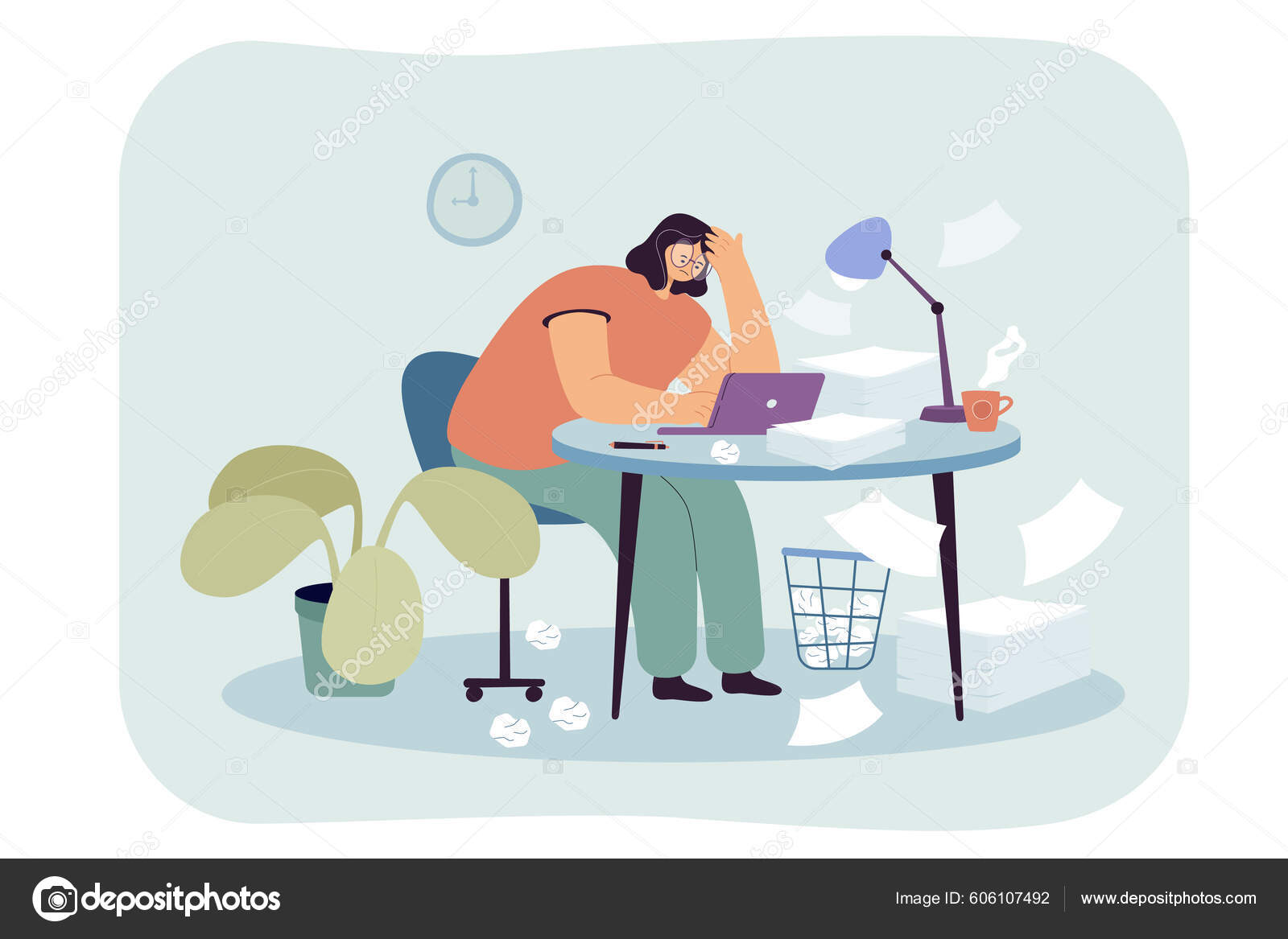 Tired Overworked Woman Sitting Table Flat Vector Illustration Busy ...