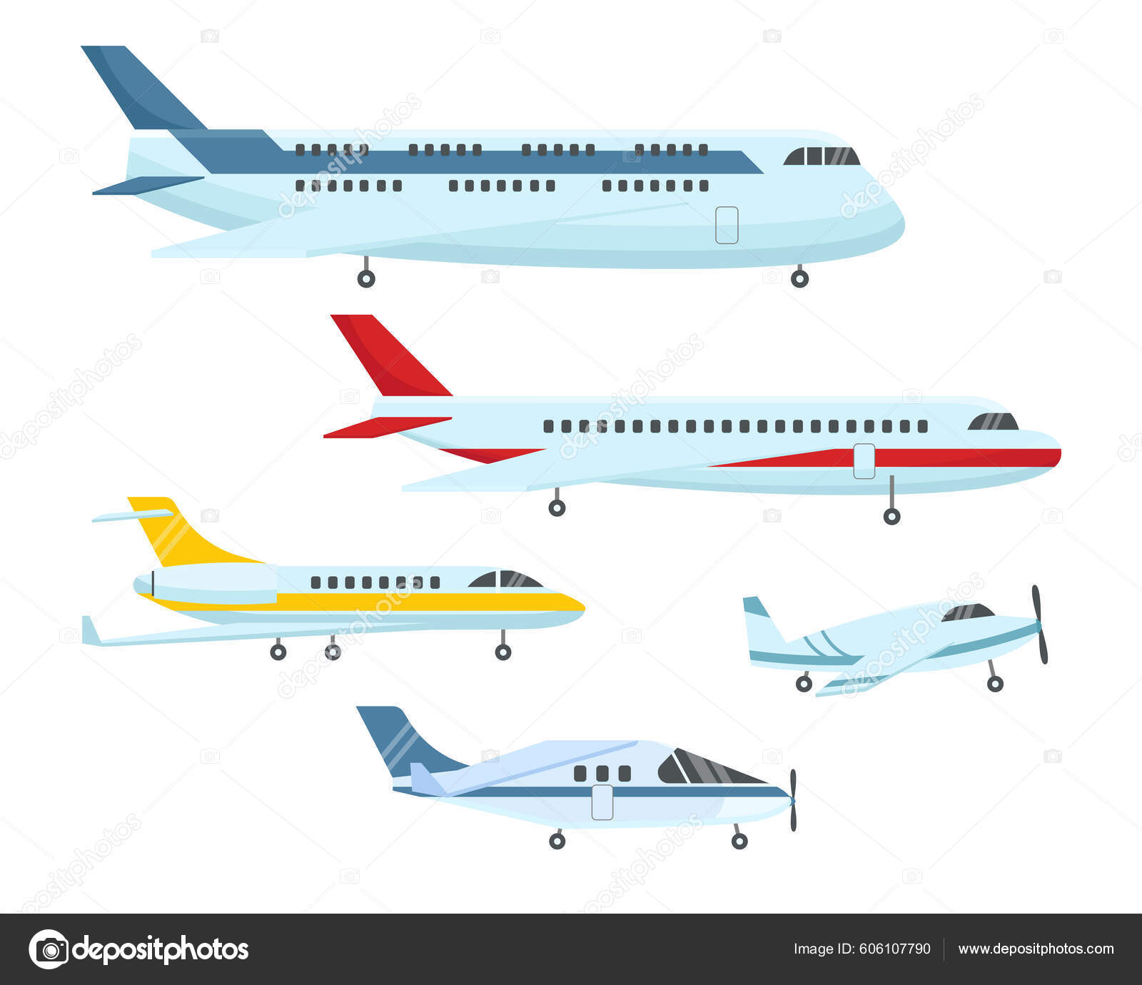 Different Types Planes Flat Vector Illustrations Set Passenger Airplane ...