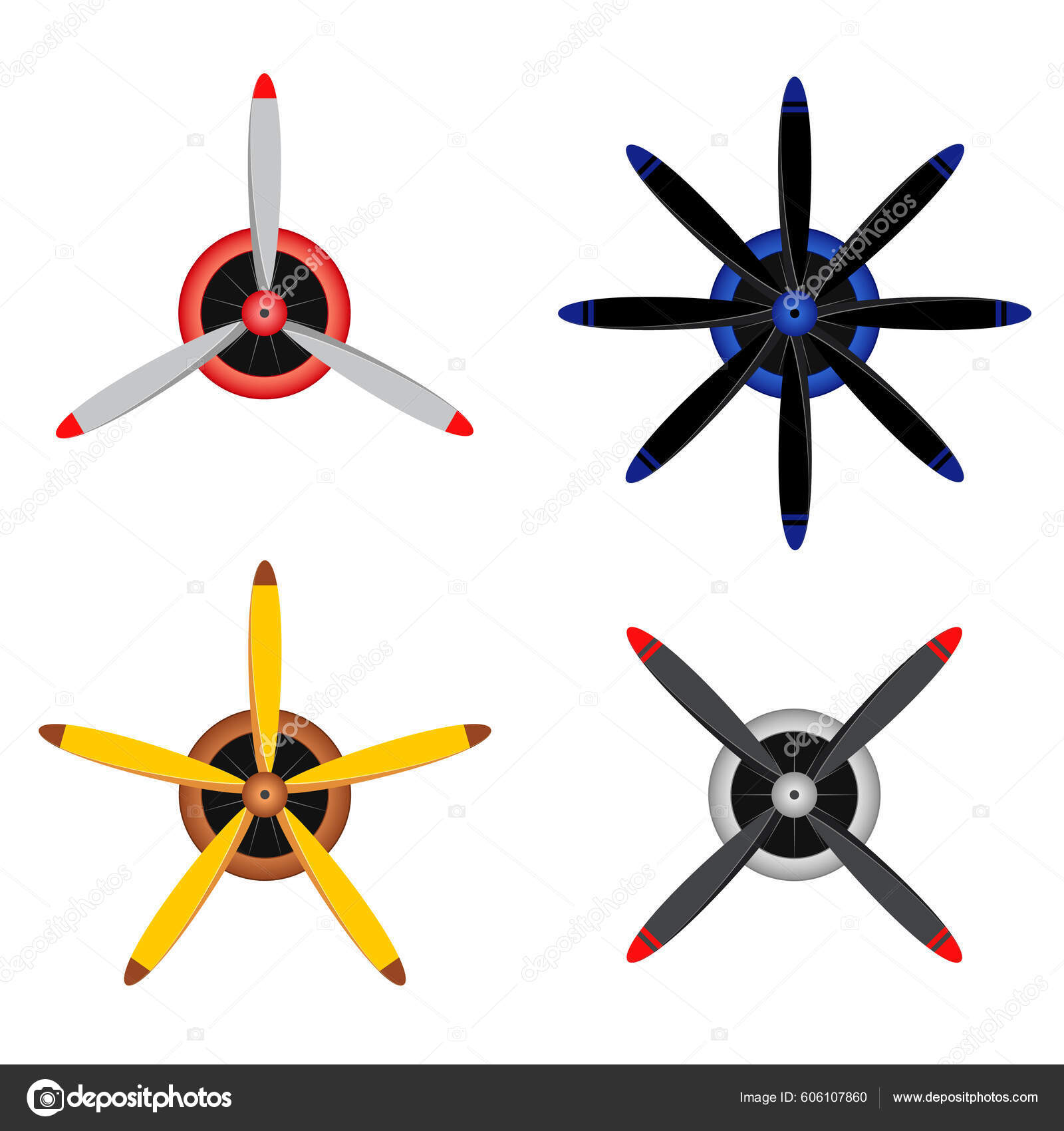 Front View Plane Propellers Vector Illustrations Set Different Airplane ...