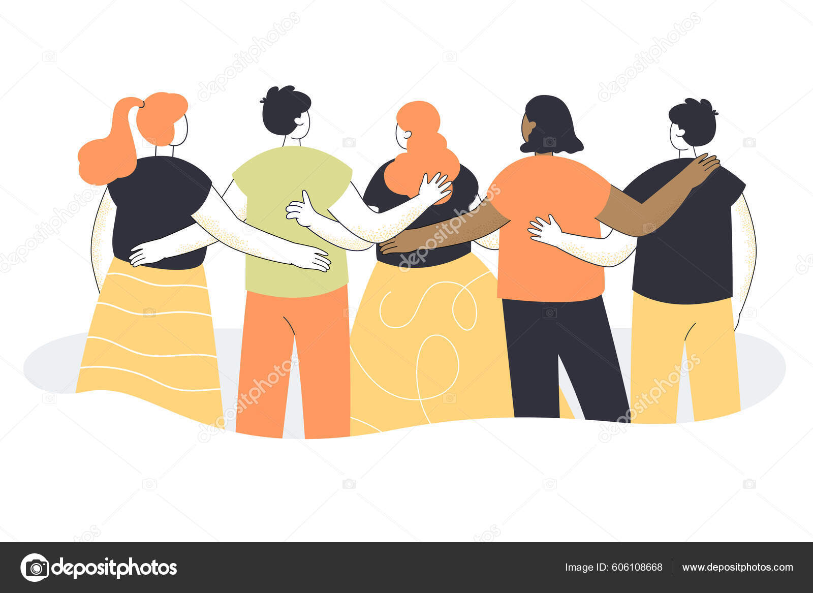 Back View Team Cartoon Men Women Hugging Crowd People Friends Stock ...