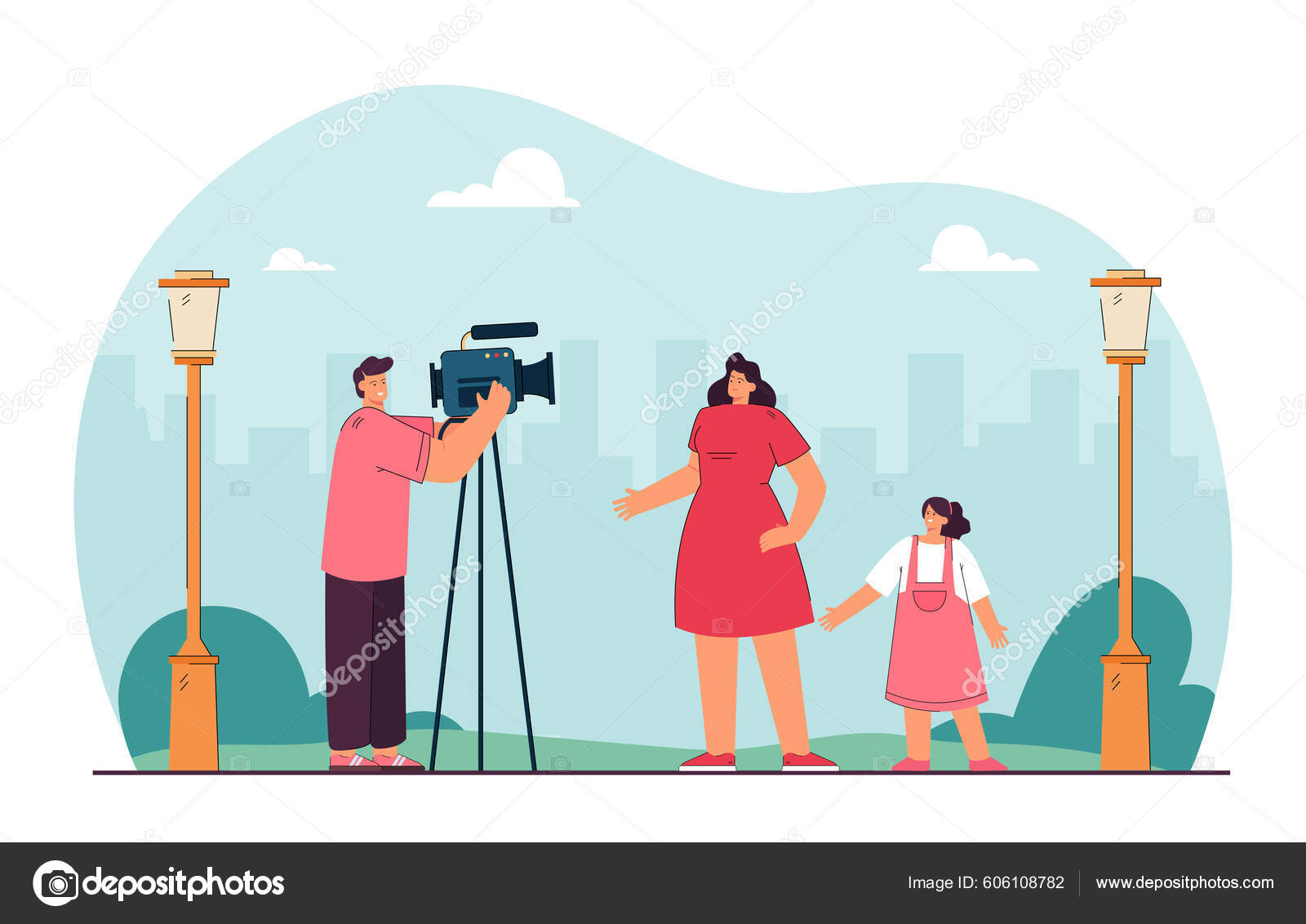 Image vectorielle Caméraman Tirant Sur Mère Fille Sur Fond Ville Scène ...