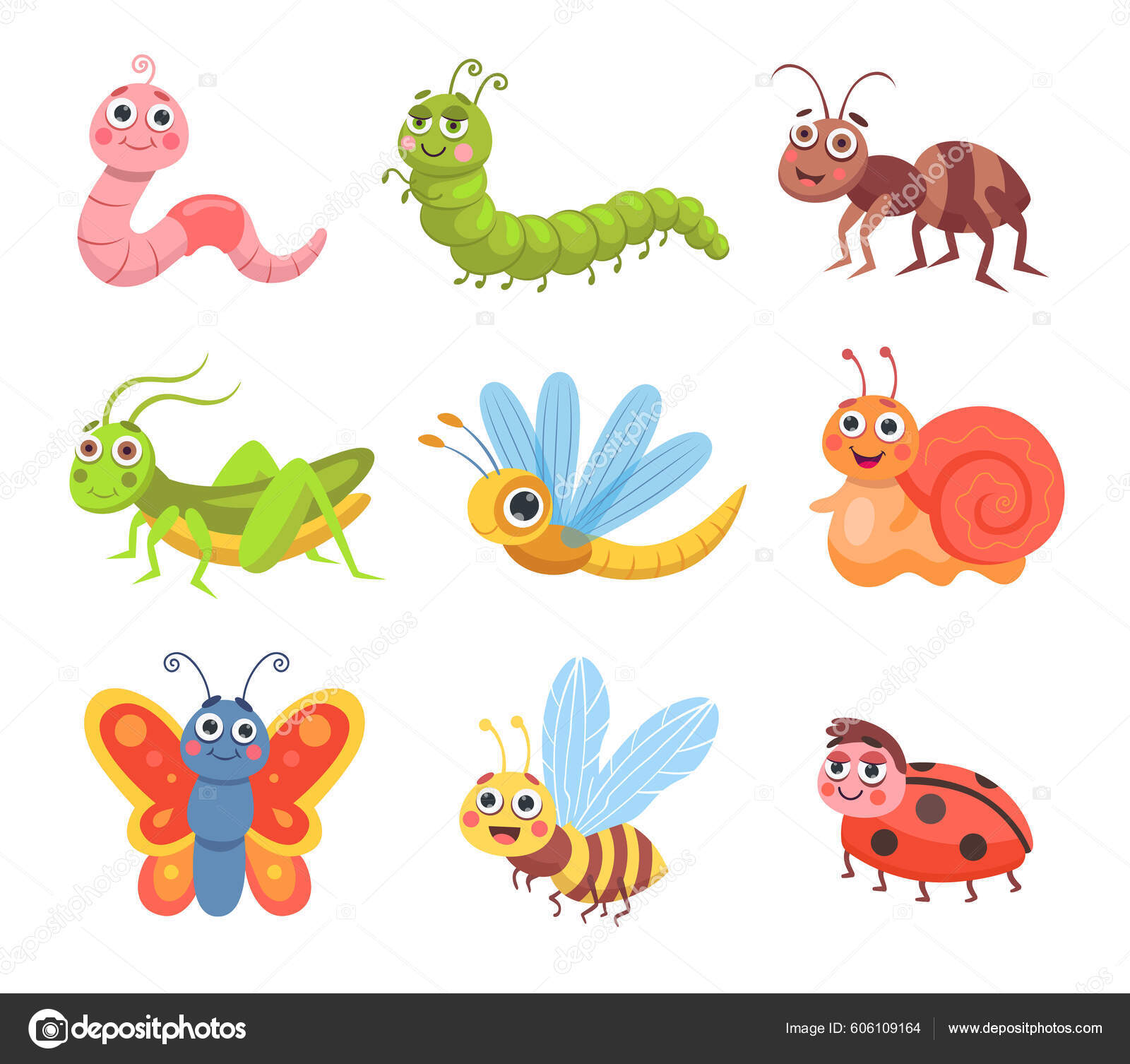 Lindo Conjunto Insectos Dibujos Animados Ilustraciones Vectoriales ...