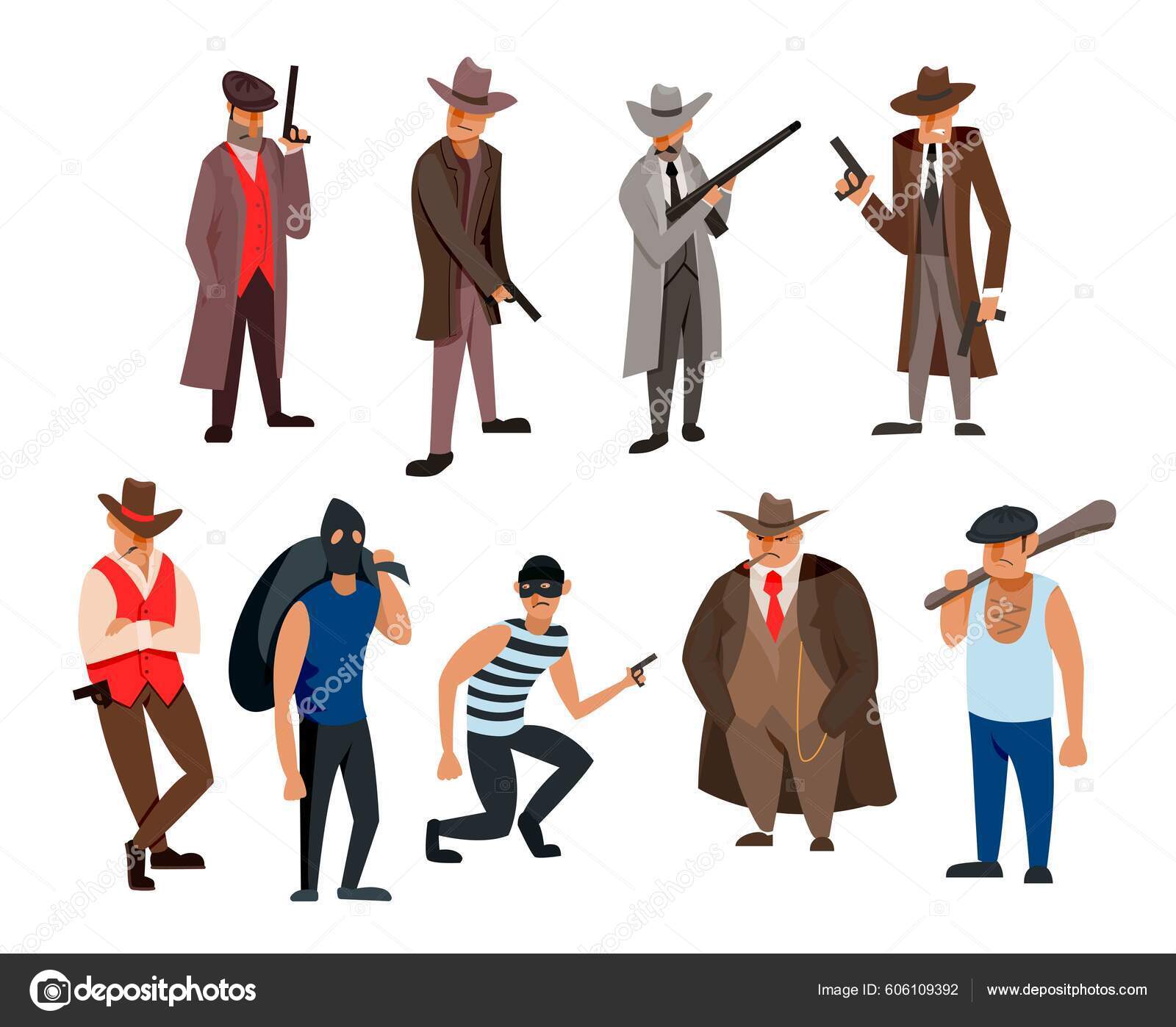 Gangster Mafia Cartoon Characters Vector Illustrations Set Killers ...