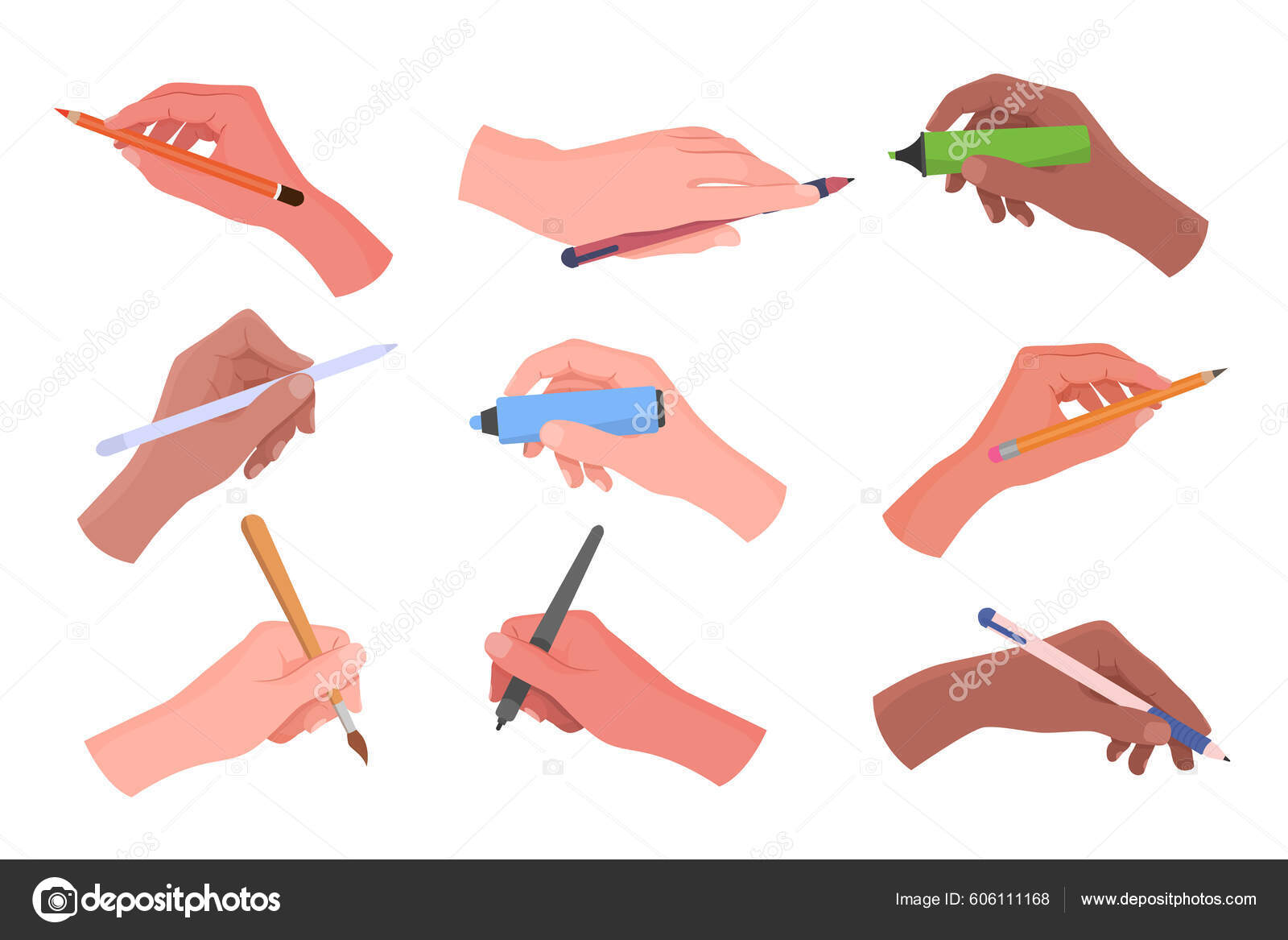 Hands Holding Writing Drawing Tools Vector Illustrations Set Right Left ... Hands Holding Writing Drawing Tools Vector Illustrations Set Right Left ...
