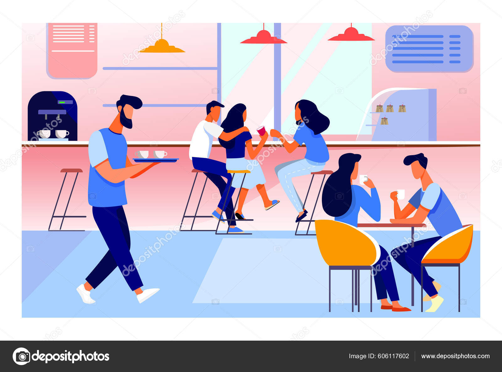 Cafetería Interior Vector Ilustración Hombres Mujeres Jóvenes Tomando Café Mesas Vector de stock ...