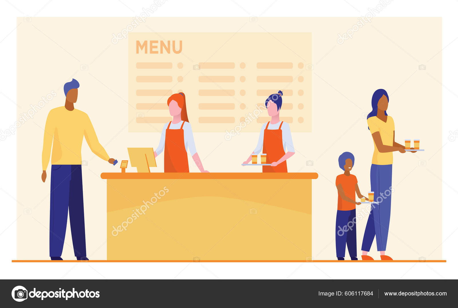 Fast Food Restaurant Counter Checkout Cashiers Menu Customers Trays ...