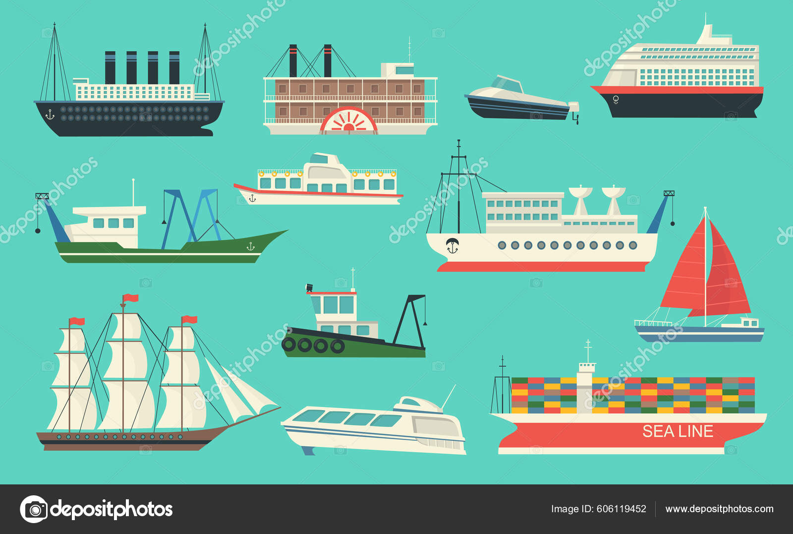 Sea Transport Set Ships Sailboat Canvas Yacht Freight Ferry Cruise ...