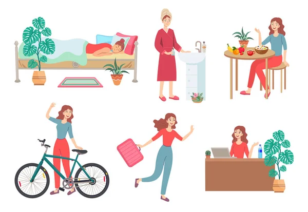 Daily Life Working Woman Vector Illustrations Set Everyday Life Female ...