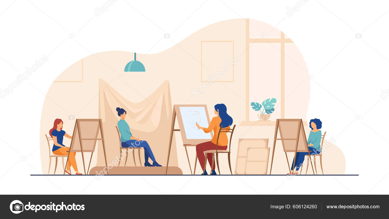 Model Posing Art Workshop Artists Easels Painting Life Vector ...