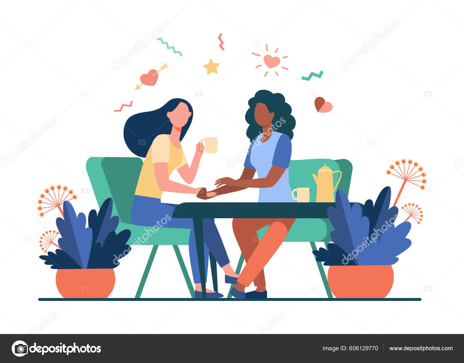 Female Friends Talking Cup Tea Holding Hand Giving Comfort Coffee Stock ...