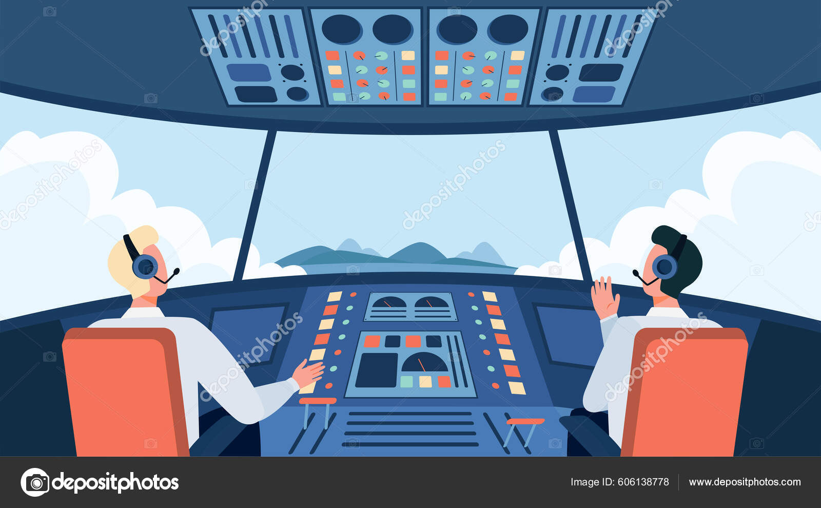 Cockpit Pesawat Berwarna Mengisolasi Ilustrasi Vektor Datar Dua Pilot ...