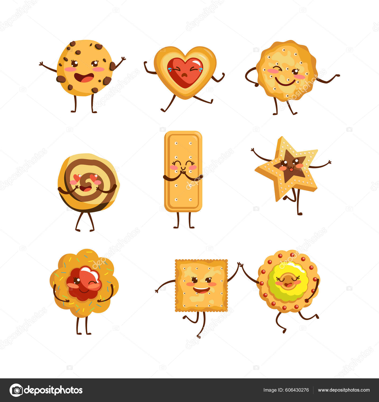 Cute Cookie Cartoon Characters Vector Illustrations Set Different Funny ...