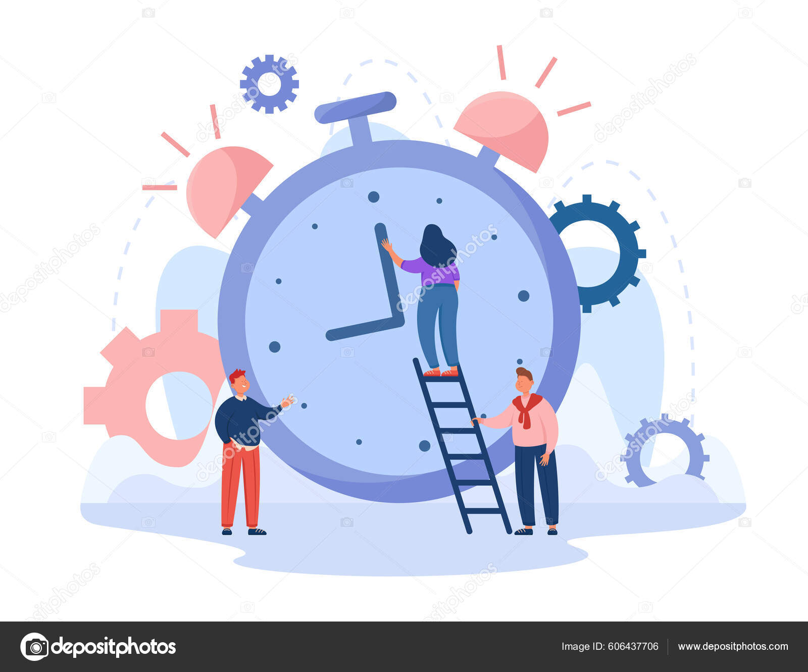 Los Niños Escuela Moviendo Hora Reloj Despertador Chica Pie Las Vector ...