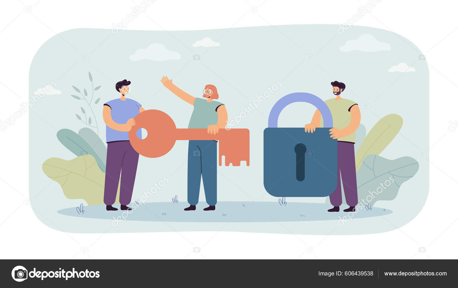 Tiny Man Holding Lock Women Key Hands People Protecting Personal Stock ...