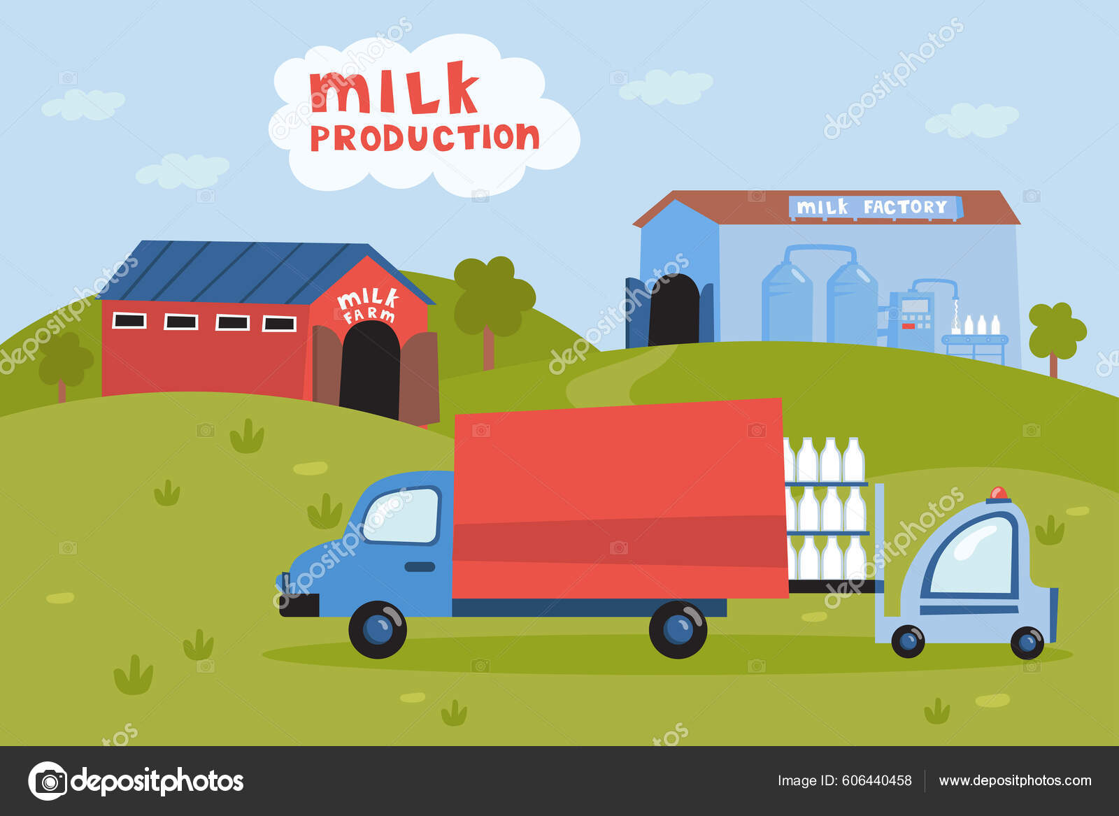 Truck Picking Milk Farm Vector Illustration Forklift Loading Bottles Milk Stock Vector By ©pch