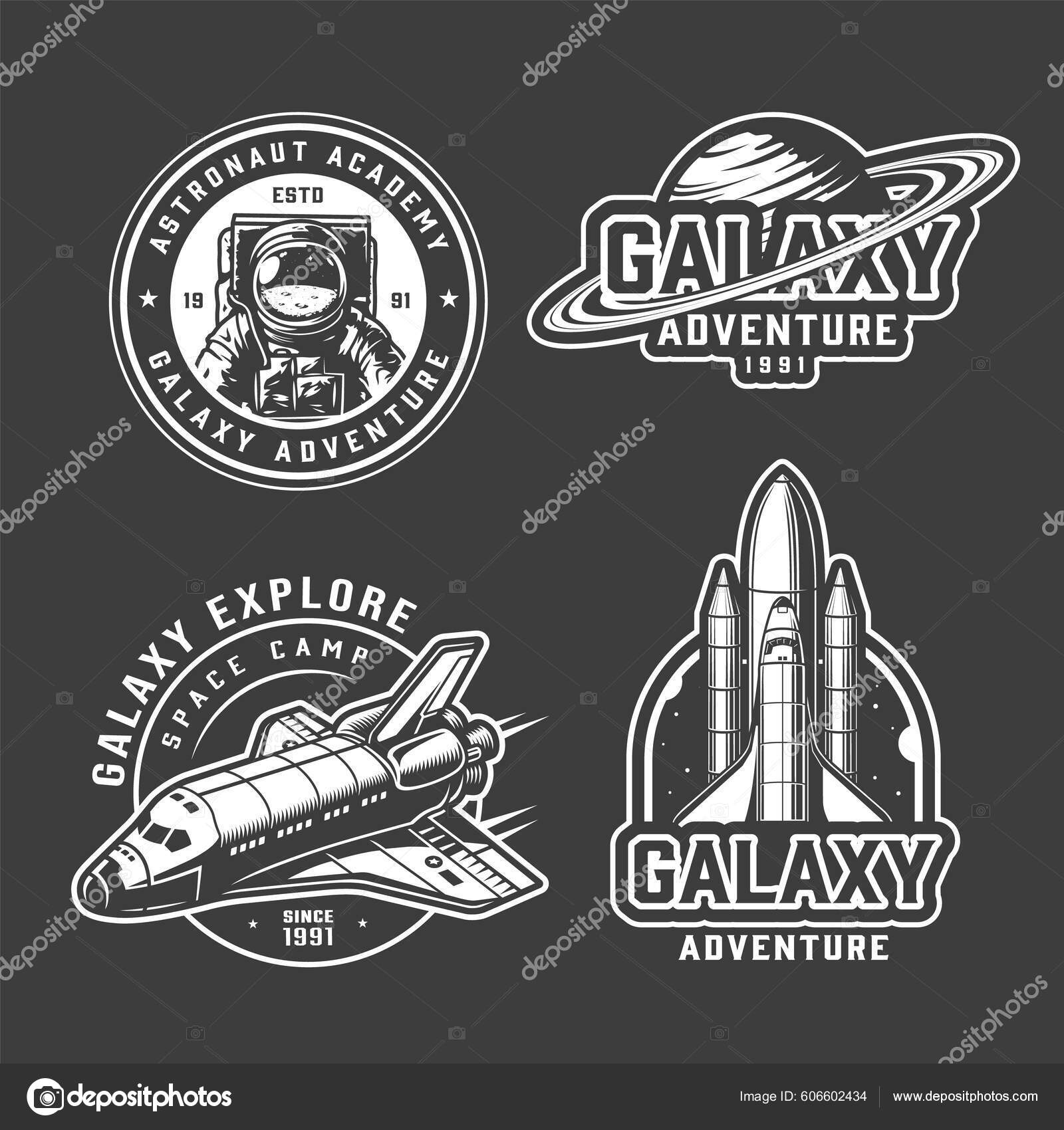 Vintage Space Exploration Emblems Set Cosmonaut Saturn Planet Shuttle ...