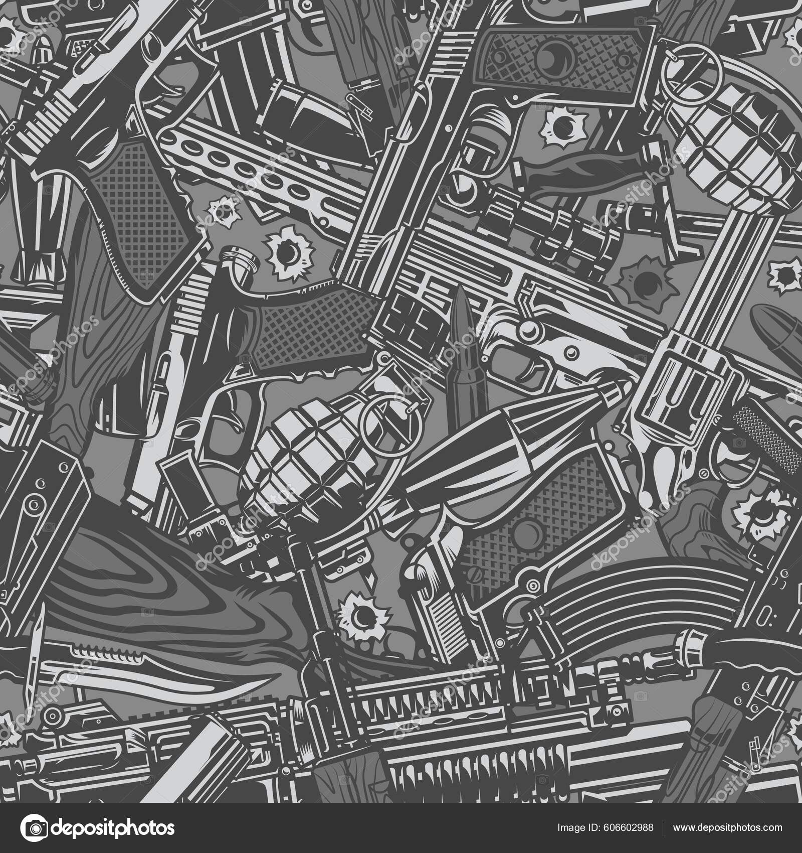 Vintage Military Weapons Seamless Pattern Guns Pistols Grenades ...