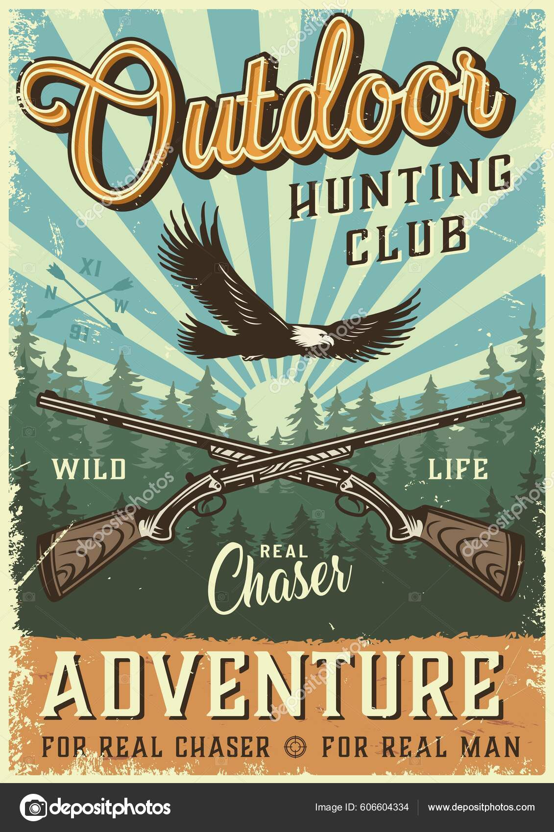 Colorful Hunting Poster Crossed Rifles Flying Bird Forest Landscape ...