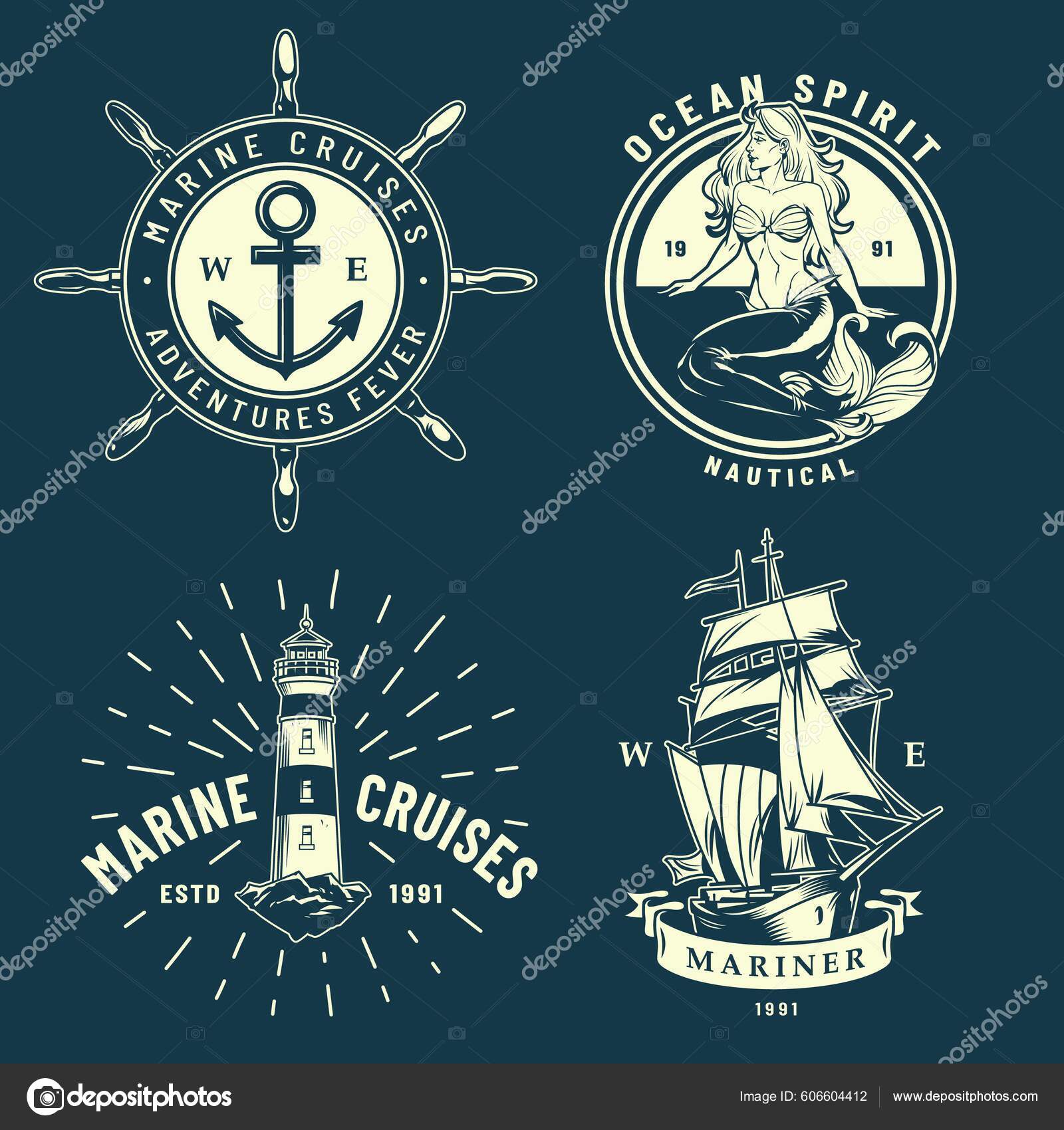 Vintage Maritime Sea Emblems Set Anchor Ship Wheel Mermaid Lighthouse ...