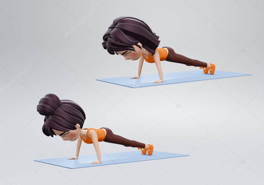 3d render. Las mujeres hacen ejercicio con una pose Archer Push Ups. El entrenamiento se dirige ...