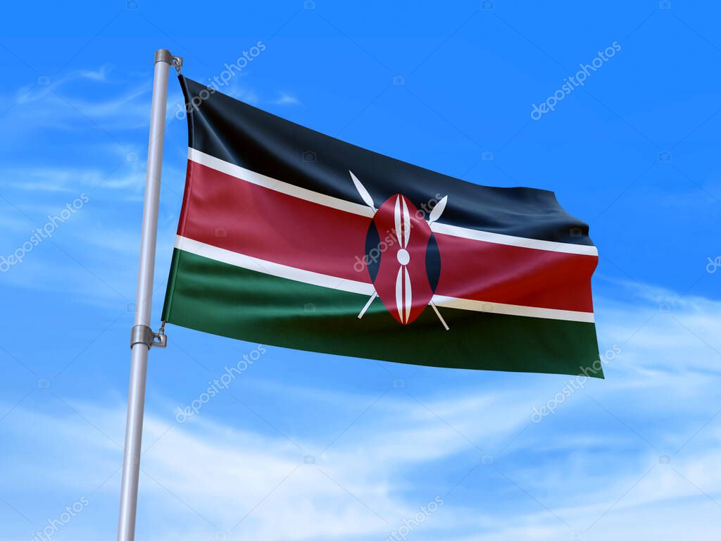 Hermosa bandera de Kenia ondeando en el viento con el fondo del cielo ...
