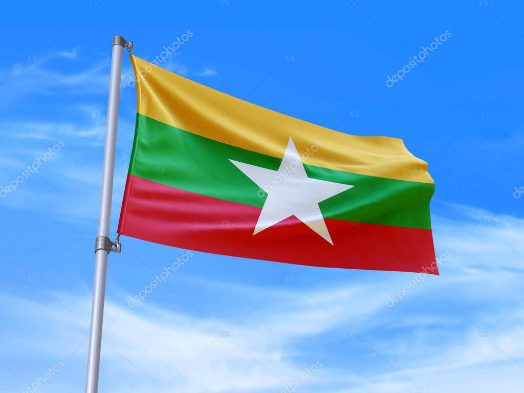 Hermosa bandera de Myanmar (Birmania) ondeando en el viento con el ...