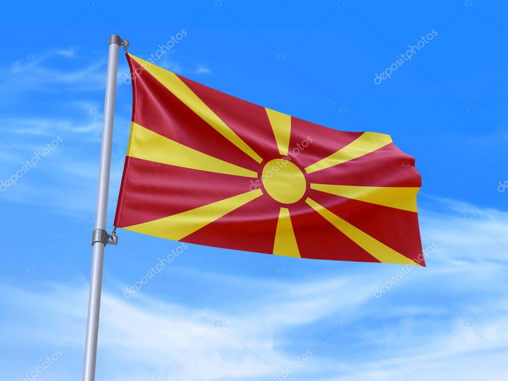 Hermosa bandera de Macedonia del Norte ondeando en el viento con el ...