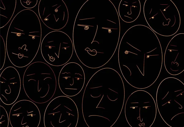abstract horizontal illustration, many faces with different emotions ...