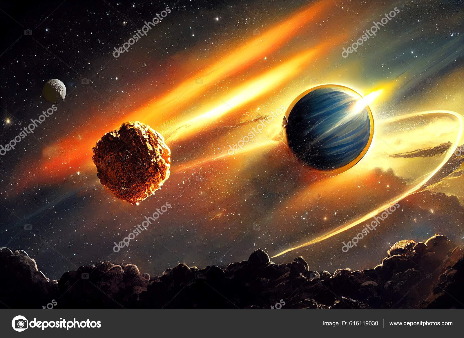 Alien Planet Landscape Exploding Satellite High Quality Illustration ...