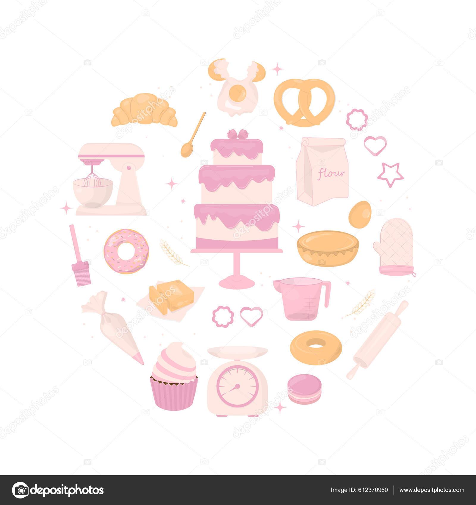 Pastel Baking Tools Ingredients Bakery Shape White Background Stock ...